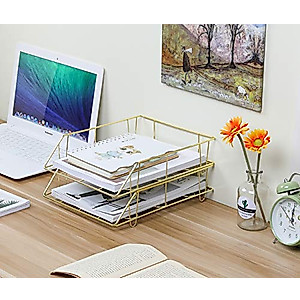 PAG Metal Stackable Letter Tray Desktop File Organizer Paper Holder Rack, 2 Pack, Gold