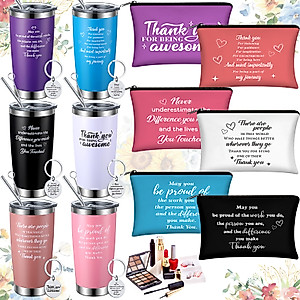 Suttmin 18 Pcs Employee Appreciation Stainless Steel Tumbler 20 oz with Makeup Cosmetic Bags Keychains Thank You Gifts Sets Bulk for Teachers Inspirational Gifts for Coworkers(Colorful, Simple)