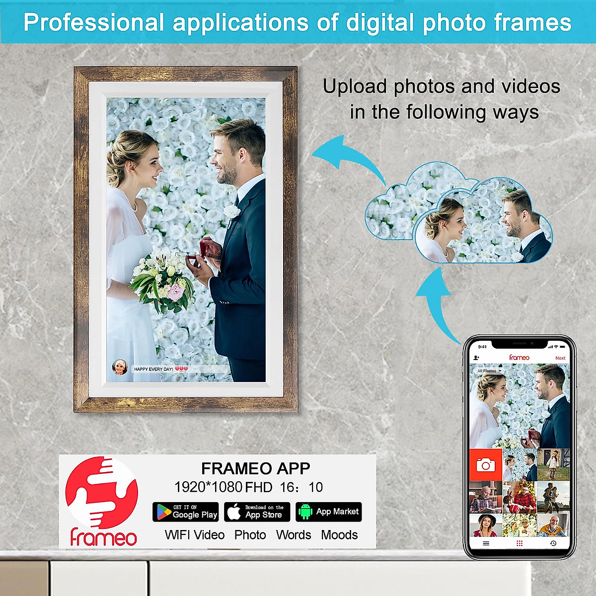 FRAMEO 15.6'' WiFi Digital Picture Frames 32GB Smart Touch Screen Digital Photo Frame 1920 * 1080 IPS FHD Large Digital Picture Frame Share Photos and Videos Anytime, Anywhere with The FRAMEO app