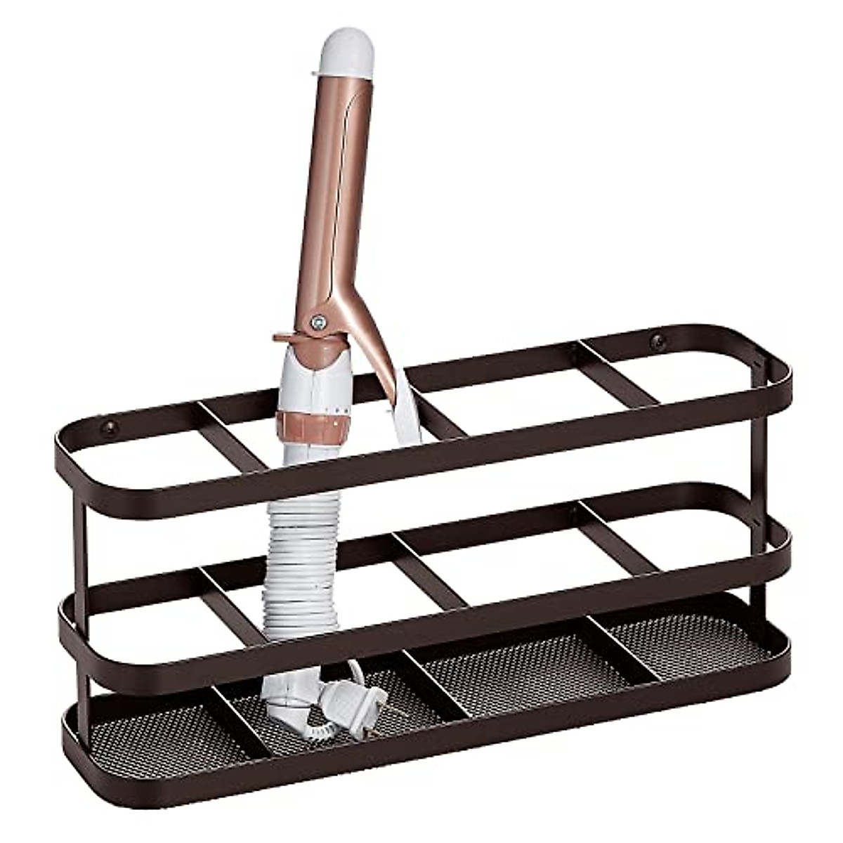 mDesign 4-Section Oval Bathroom Wall Mounted Hair Tool Storage Organizer - Metal Accessory Basket - Hanging Holder for Hair Dryer, Straightener, and Curling Iron - Carson Collection - Bronze