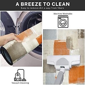 Tayney Orange Abstract Kitchen Rugs and Mats Non Skid Washable Set of 2, Beige Contemporary Painting Art Kitchen Runner Rug, Modern Brown Grey Under Sink Mats for Kitchen Floor Decor