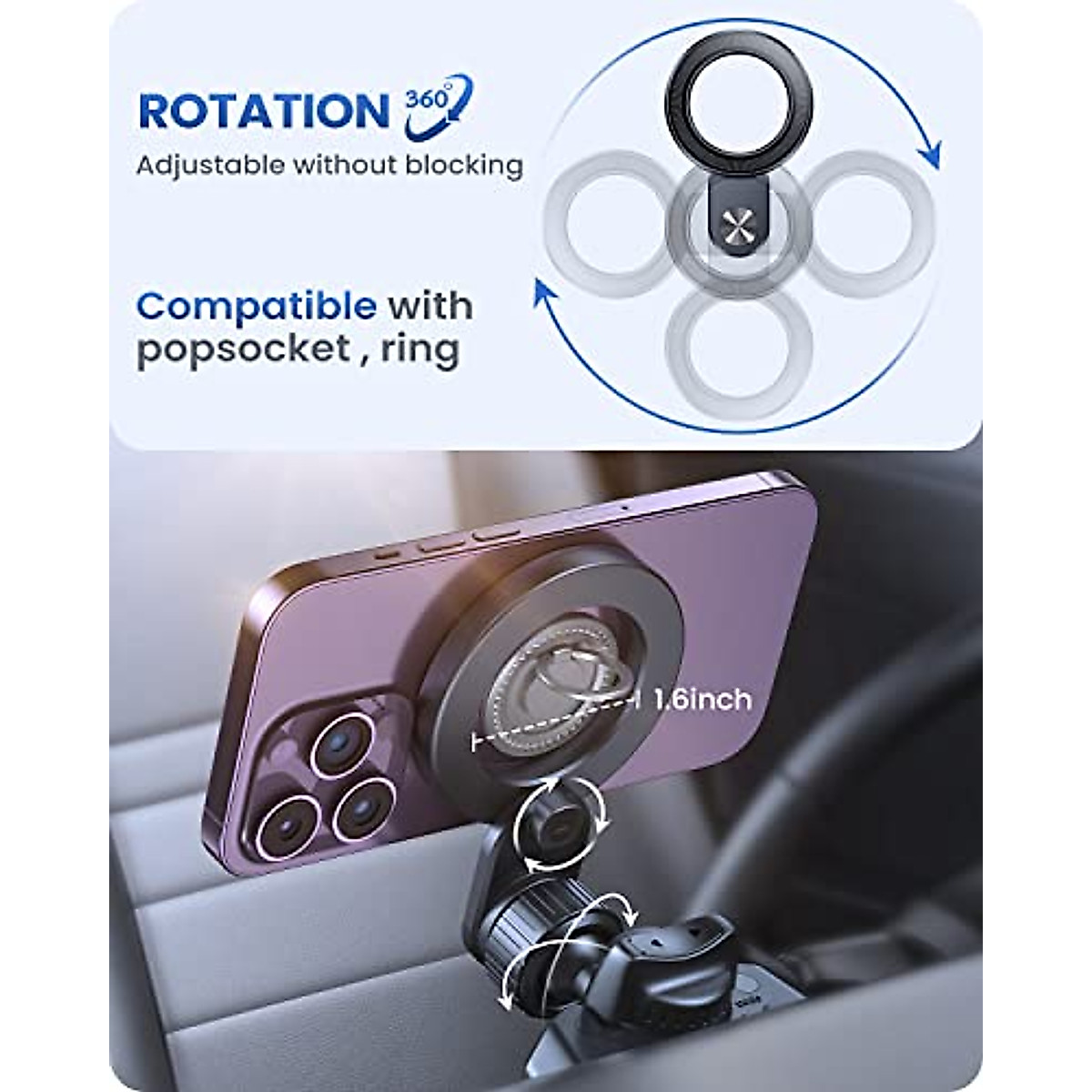 OQTIQ for MagSafe CD Phone Mount[Hollow Ring Design] Magnetic Phone Holder for Car CD Phone Holder Mount for iPhone 15 14 13 Pro Max Mini Plus MagSafe Case All Phones