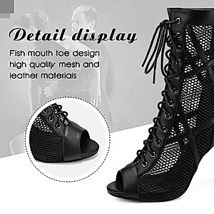 DKZSYIM Open Toe Dance Boots Women Latin Salsa Ballroom Lace-up Ankle Dance Shoes,K99-Black,3 3/4 inch,Rubber,US 7.5
