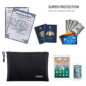 JUNDUN Fireproof Document Bags,14.2”x 10.0”Waterproof and Fireproof Money Bag,Fireproof Safe Storage Pouch with Zipper for A4 Document Holder,File,Cash and Tablet