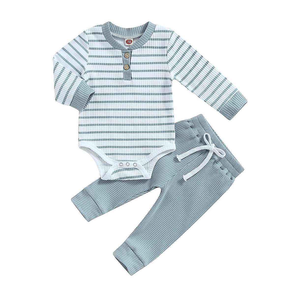 Newborn Baby Boy Girl Clothes Ribbed Knitted Long Sleeve Romper Pants Solid Cotton Infant Fall Winter Outfits 2Pcs (Striped Blue, 0-3 Months)