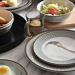 PUMELAMI Melamine Dinnerware Sets,12pcs Plates and Bowls Sets, Melamine Dishes Set for 4, Unbreakable,Dishwasher Safe, BPA Free,Great for Indoor Use,Camping, BBQ,RV, Party,Rustic Style (Teal)