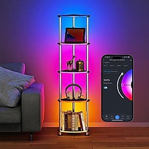 HODELVJU Floor Lamp with Shelves Corner Shelf with Lights Standing Lamp with Charging Stake APP Control Music Sync Multicolor Corner Lamp for Living Room Black 5 Tier