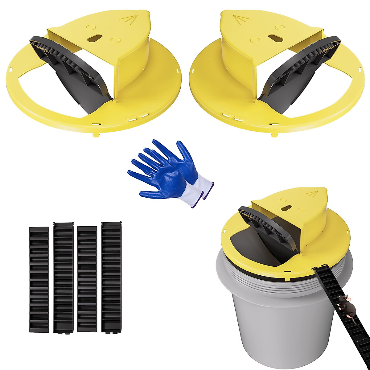 DOMICLI 2 Pack Mouse Trap Bucket Lid with Gloves - 5 Gallon Bucket Compatible, Indoor Outdoor Reusable Catch and Release Mice Traps, Mouse Catching Tool, Trap Door Style, Auto Reset