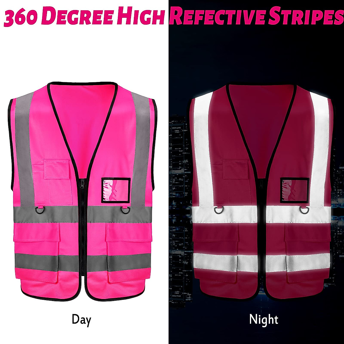 EBOOT 10 Pcs Safety Vests High Visibility Safety Vest with Reflective Strips, Neon Vest Construction Vest with Pockets (Pink)