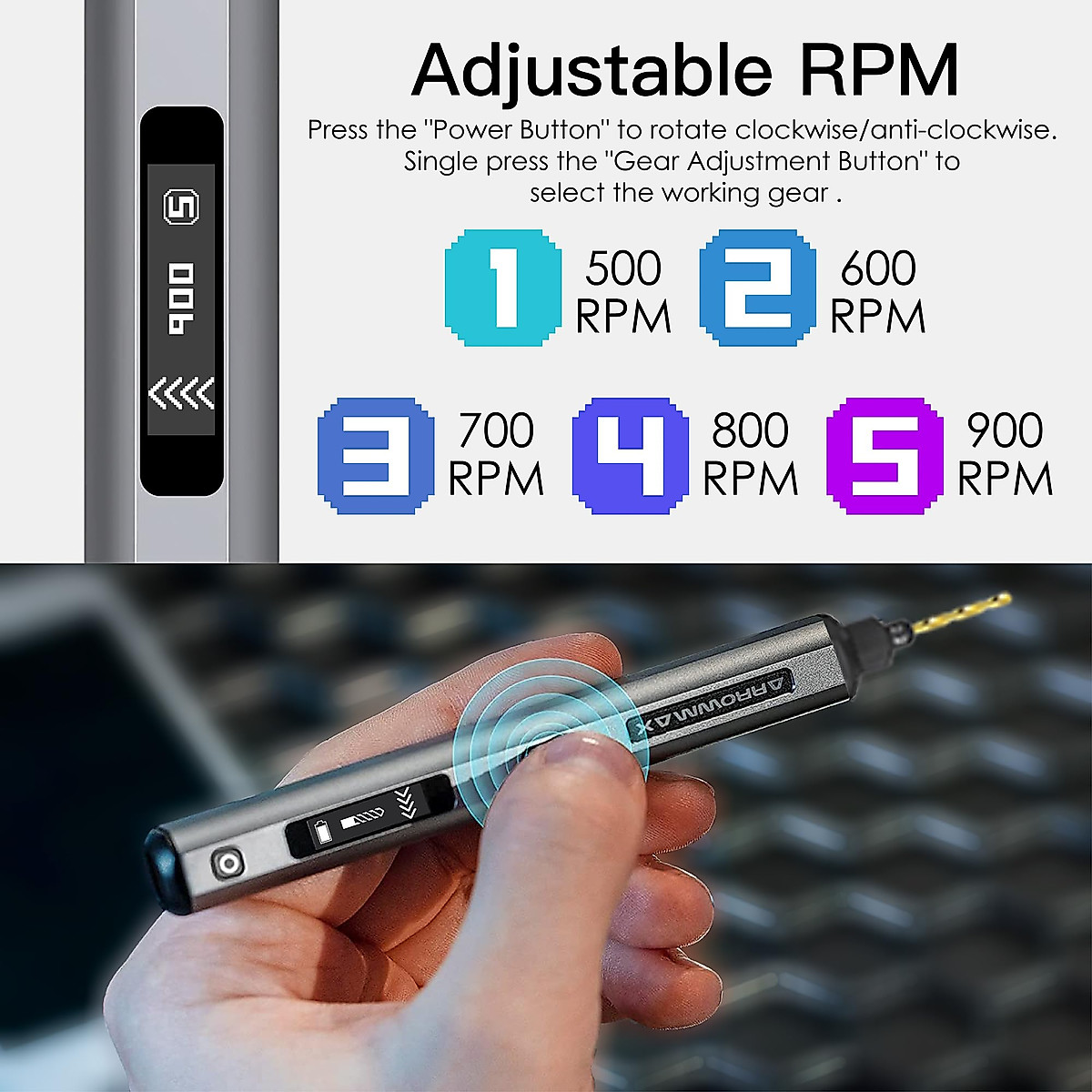 AM ARROWMAX Electric Mini Drill Pen, 5-Speed, 10 Small Drill Bits with Aluminium Box, LED Lights, OLED Display, Resin Drill Set For Jewelry Making, Plastic, Wood (SDS)