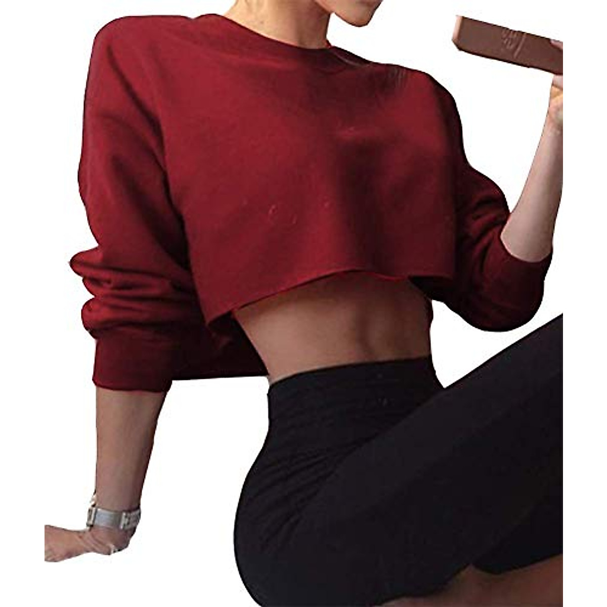 Artfish Women's Crewneck Long Sleeve Crop Tops Workout Casual Pullover Loose Sweatshirts Maroon Burgundy Christmas Red M