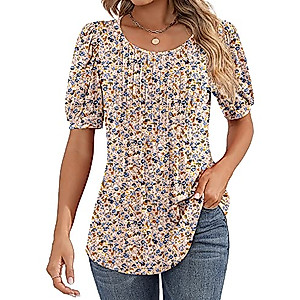 Ficerd Women's Puff Short Sleeve Tunic Tops Pleated Crew Neck Blouses Dressy Casual Loose Spring and Summer T-Shirts (Pink Flower, Medium)