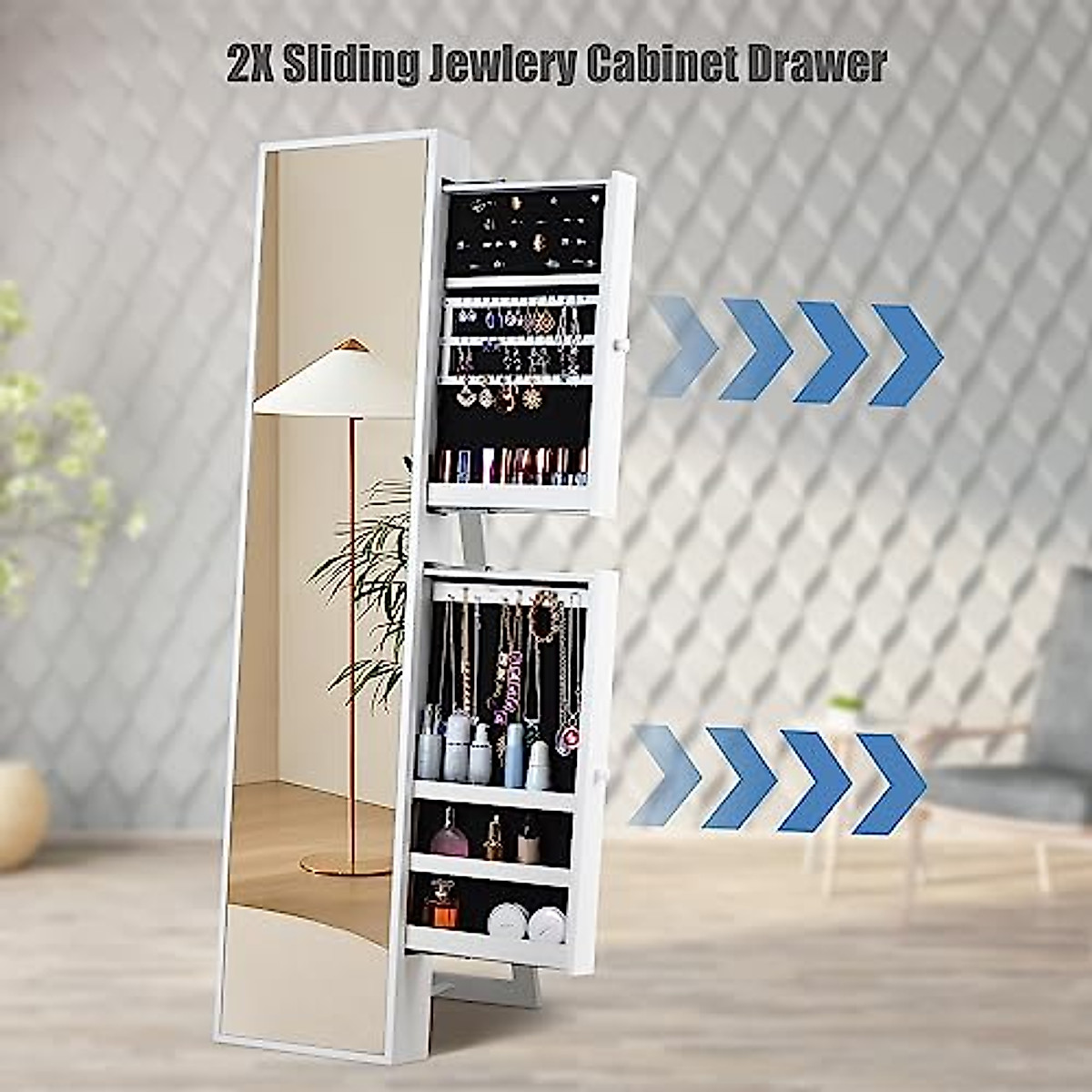 BOSTANA Standing Jewelry Organizer Armoire With 2 Push-Pull Jewelry Cabinet,Anti-trpinig Leaning Full Length Mirror,Body Mirror with 2 Jewelry Drawer For Girls,Women, Bedroom Decoration,Gift