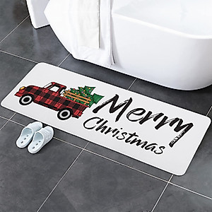 Christmas Kitchen Rug Set 2 Pieces White Cushioned Kitchen Floor Mats Comfort Soft Standing Doormat, Non Slip Kitchen Rugs and Runner Merry Christmas Tree Red and Black Check Lattice Truck