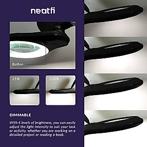 Neatfi (New Model) 1,200 Lumens Super LED Magnifying Lamp with Clamp, 8D, Dimmable, Includes Microfiber Cleaning Cloth, 5 Inch Diameter Lens for Reading, Sewing, Crafting (8 Diopter, Black)