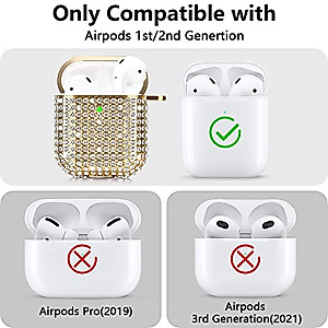 Case for Airpods 2/1, Filoto Bling Crystal PC AirPod 1st/2nd Generation Case Cover for Women Girls, Cute Air Pod Hard Protective Accessories with Lobster Clasp Keychain for Apple Airpods (Gold)