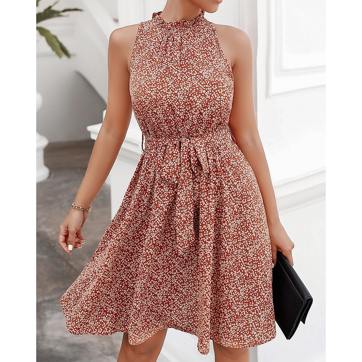 BTFBM Women 2025 Halter Neck Summer Dresses Casual Sleeveless Floral Polka Dot Print Ruffle Mini Boho Beach Sun Dress(Floral Print Red, Medium)