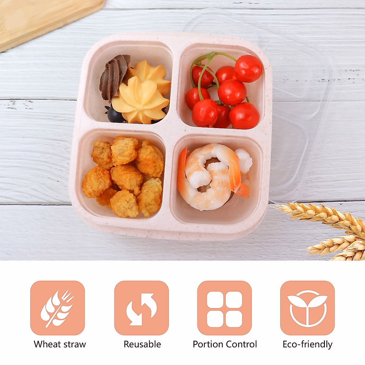 Finorder 6 Pack Snack Containers Kid, Wheat Straw Fiber 4 Compartment Reusable Bento Lunch Box, Meal Prep Lunch Containers for Kids Adults, Food Containers for School, Office and Travel