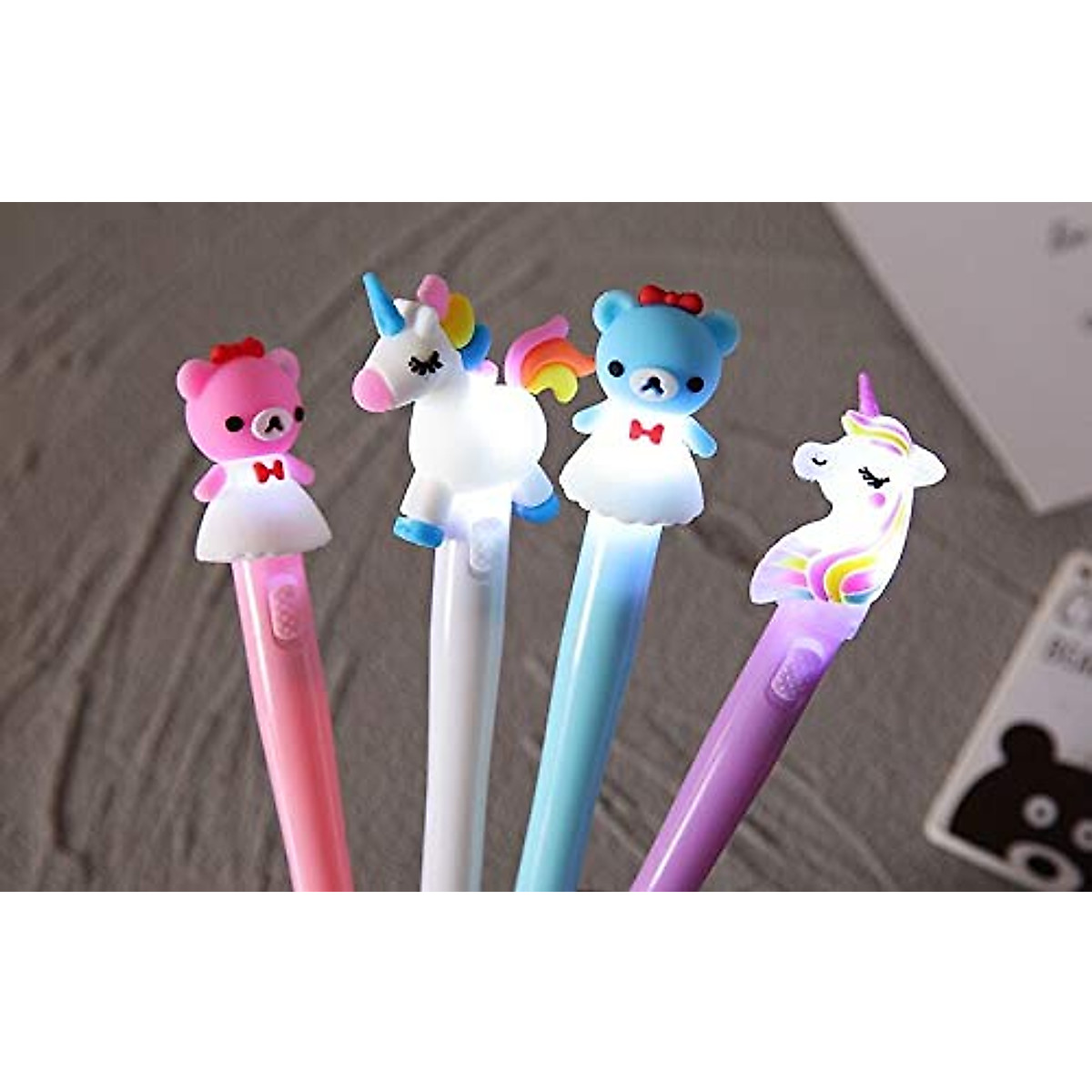 Chris.W 12 Pcs Unicorn Led Pens Bear Flashing Gel Ink Pens Light up Pen Glow in The Dark Kids Pen Birthday Party Favors Flashing Toy