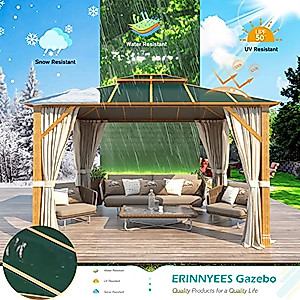 Erinnyees 10' x 12' Wood Grain Hardtop Gazebo, Outdoor Aluminum Composite Double Roof with Privacy Curtain and Mosquito Net for Patio, Lawn, Garden, Deck(Wood Looking, Dark Green)