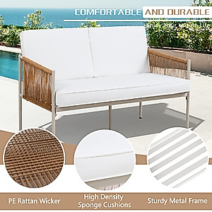 JAMFLY 5 Piece Patio Wicker Furniture Set, Outdoor Patio Furniture Rattan Conversation Set, All Weather Conversation Set for Backyard, Balcony, Deck with Soft Cushions and Glass Table