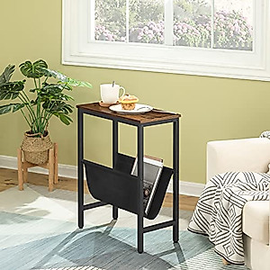HOOBRO Narrow End Table, Side Table for Small Spaces, Slim Nightstand with Magazine Holder, Modern Skinny Sofa Table, 24.6 in Width Bedside Table, Snack Couch Table, Rustic Brown and Black BF41BZ01G1