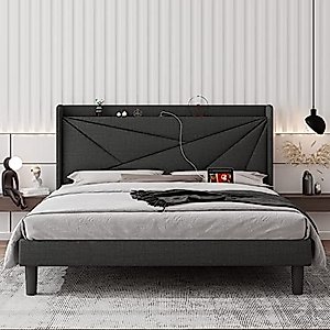 iPormis King Size Upholstered Platform Bed Frame with Type C & USB Ports and Storage Headboard, Geometric Bed Frame with Wingback, Wood Slats, Noise-Free, No Box Spring Needed, Dark Grey
