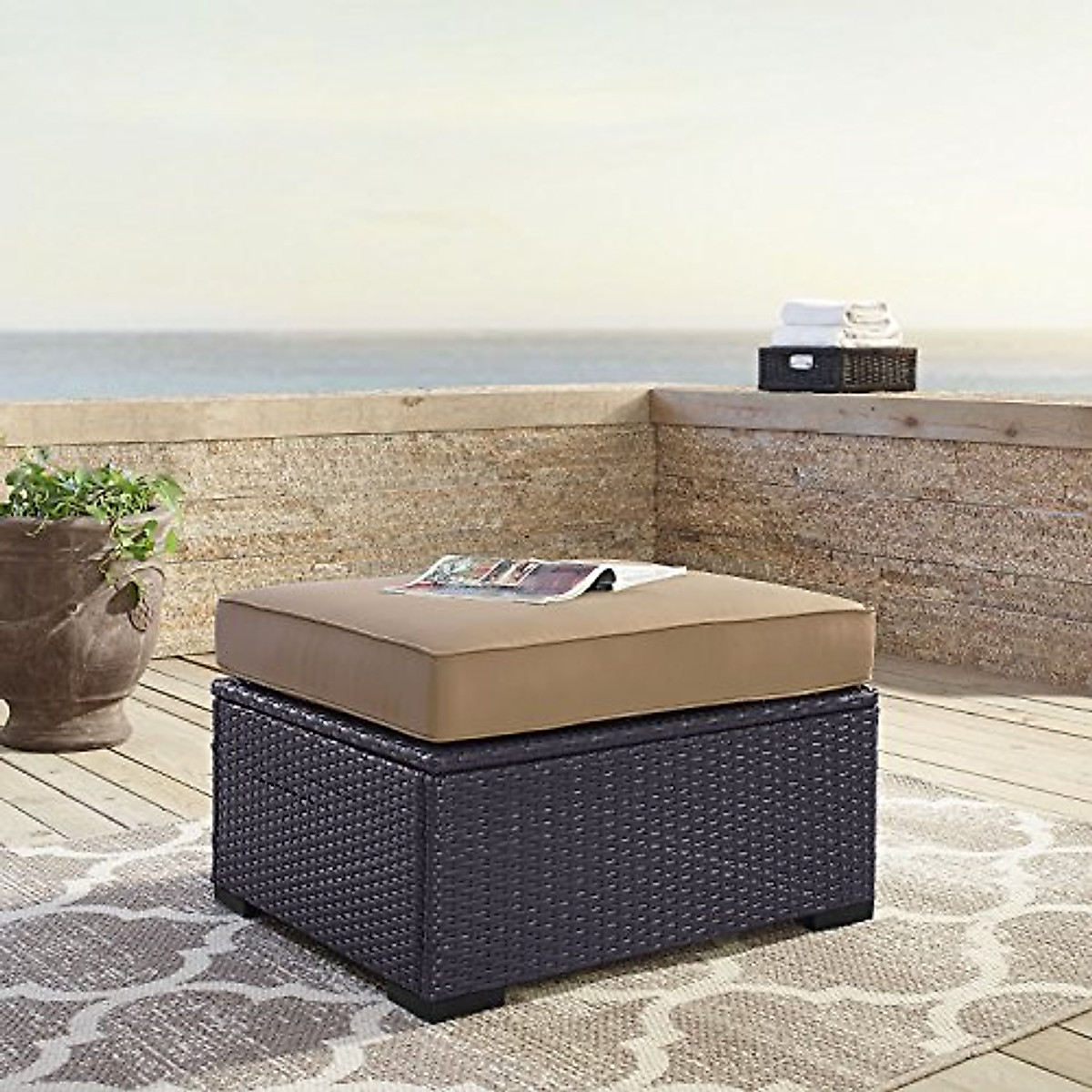 Crosley Furniture Biscayne Wicker Outdoor Ottoman Foot Rest for Patio, Deck, Porch, Brown with Mocha Cushions