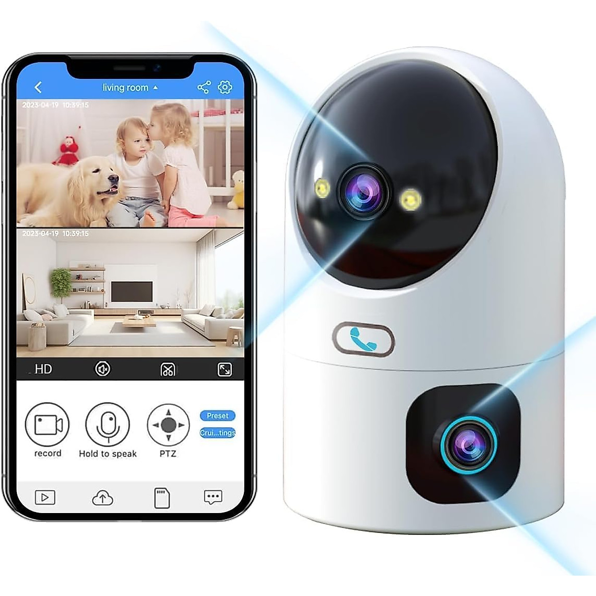 JOOAN 5G/2.4G Dual Lens Security Camera Indoor 2Kx2 PTZ Cameras for Home Security WiFi Surveillance Camera Baby Pet One Touch Call Color Night Cloud SD Card Storage 2 Way Audio Motion Detection Alert