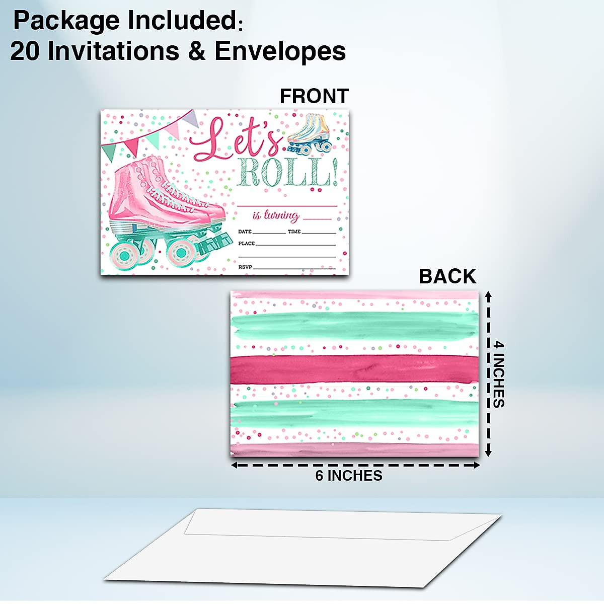 NYCTUG Let's Roll Birthday Fill-In Invitation(4" X 6"), Roller Skate Birthday Party Double-Sided Invites- 20 Invitations With Envelopes-Party Supplies-A17