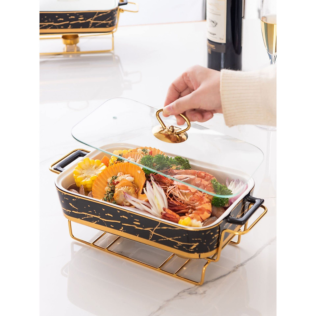 HONHPD Ceramics Chafing Dish Buffet Set, Marble Finish Chafing Dish, Rectangular Chafers for Buffet/Weddings/Parties/Banquets/Catering Events, Black (3 Piece Set）