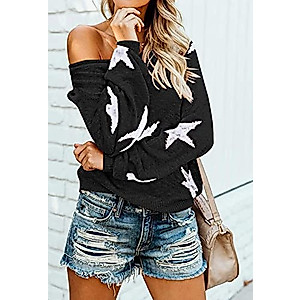 COCOLEGGINGS Women's V Neck Long Sleeve Star Sweater Jumper Pullover Black M