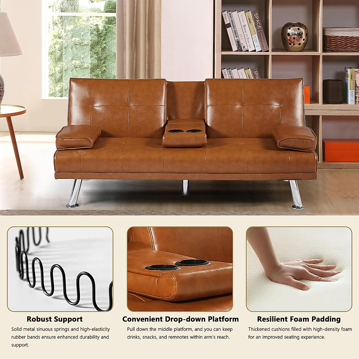 GERDIOEB Modern Convertible Folding Futon Sofa Bed with 2 Cup Holders, Leather Upholstered Adjustable Couch Loveseat Sofa Sleeper with Removable Armrests for Living Room Office Small Space (Tan)