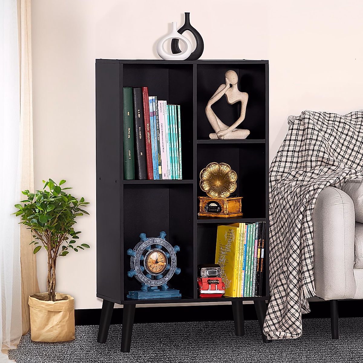 YAHARBO Small Black Narrow Bookshelf,3 Tier Modern Bookcase with Legs,Bookshelves Wood Storage Shelf,Rustic Book Shelves Cube Organizer,Display Bookcase