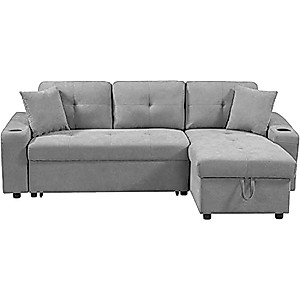 GAOPAN Modern Linen Sectional Sleeper Sofa Bed Convertible L-Shape Couch with Storage Chaise Lounge,Side Pockets,Cup Holders,2 Pillows for Living Room Apartment Furniture, Light Gray