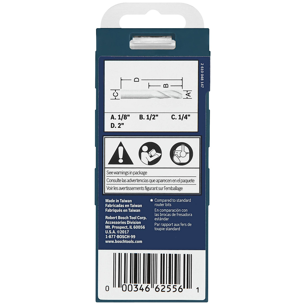 BOSCH 85908MC 1/8 In. x 1/2 In. Solid Carbide Double-Flute Upcut Spiral Router Bit