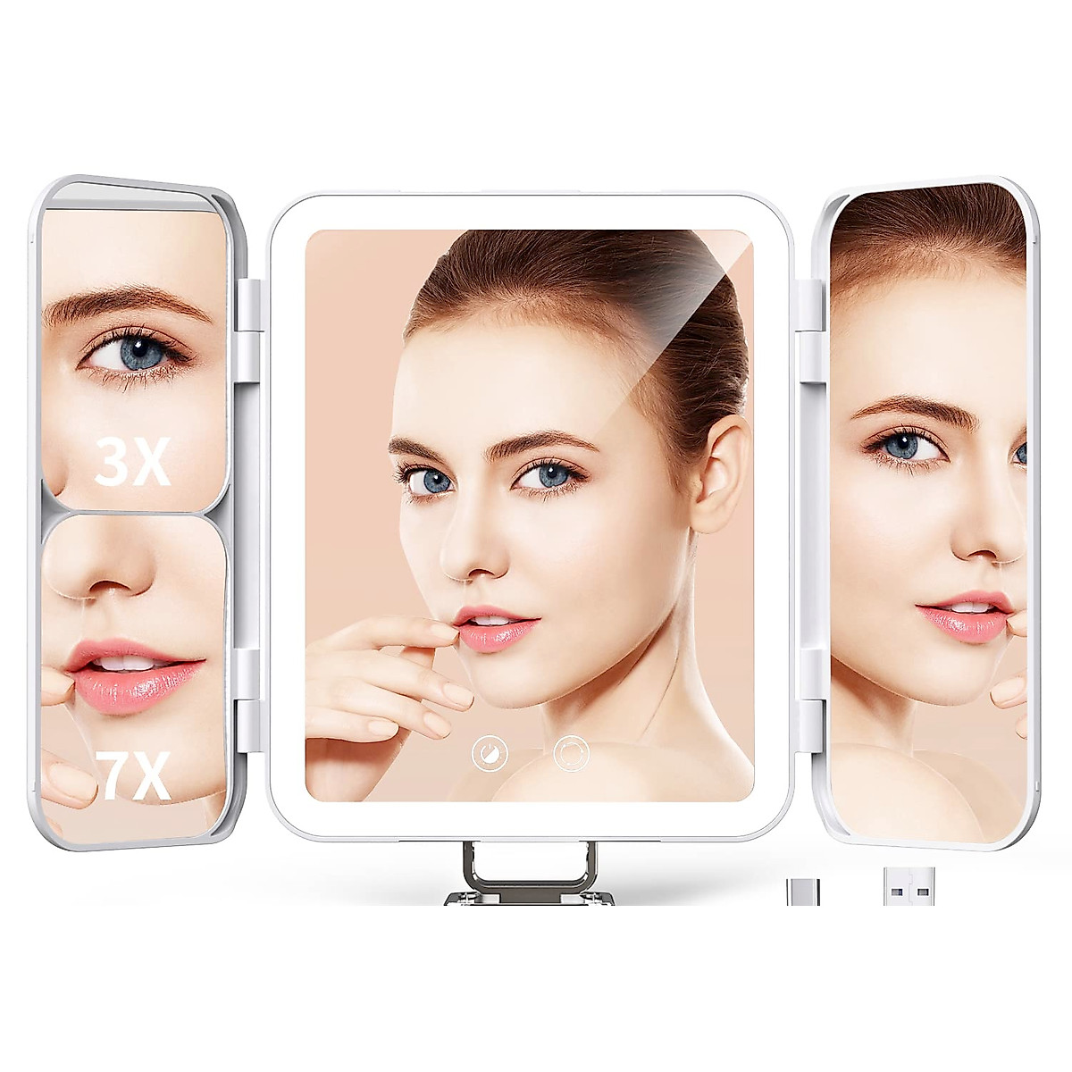 VEVETEC Rechargeable Lighted Makeup Mirror, Portable Led Vanity Mirror, Dimmable, Magnifying Glass 1X/3X/7X Magnification, Touch Control,Travel Cosmetic Mirror