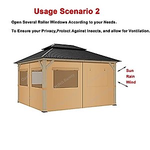 Garden Sunny 10'x10' Gazebo Universal Replacement Privacy Curtains with Mosquito Windows - Closable Screen with Zipper 2 in 1 Design 4-Panels Protecting Shade Set (Only Sidewasll and Netting)- Khaki