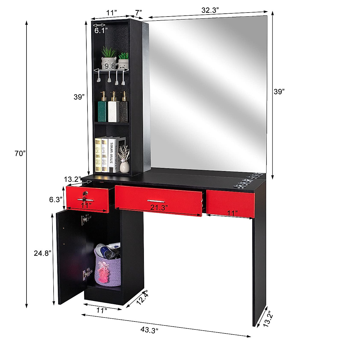 Mefeir Wall Mount Hair Styling Barber Station with Support Leg & Mirror,Hair Salon Equipment, Spa Furniture Set Red & Black