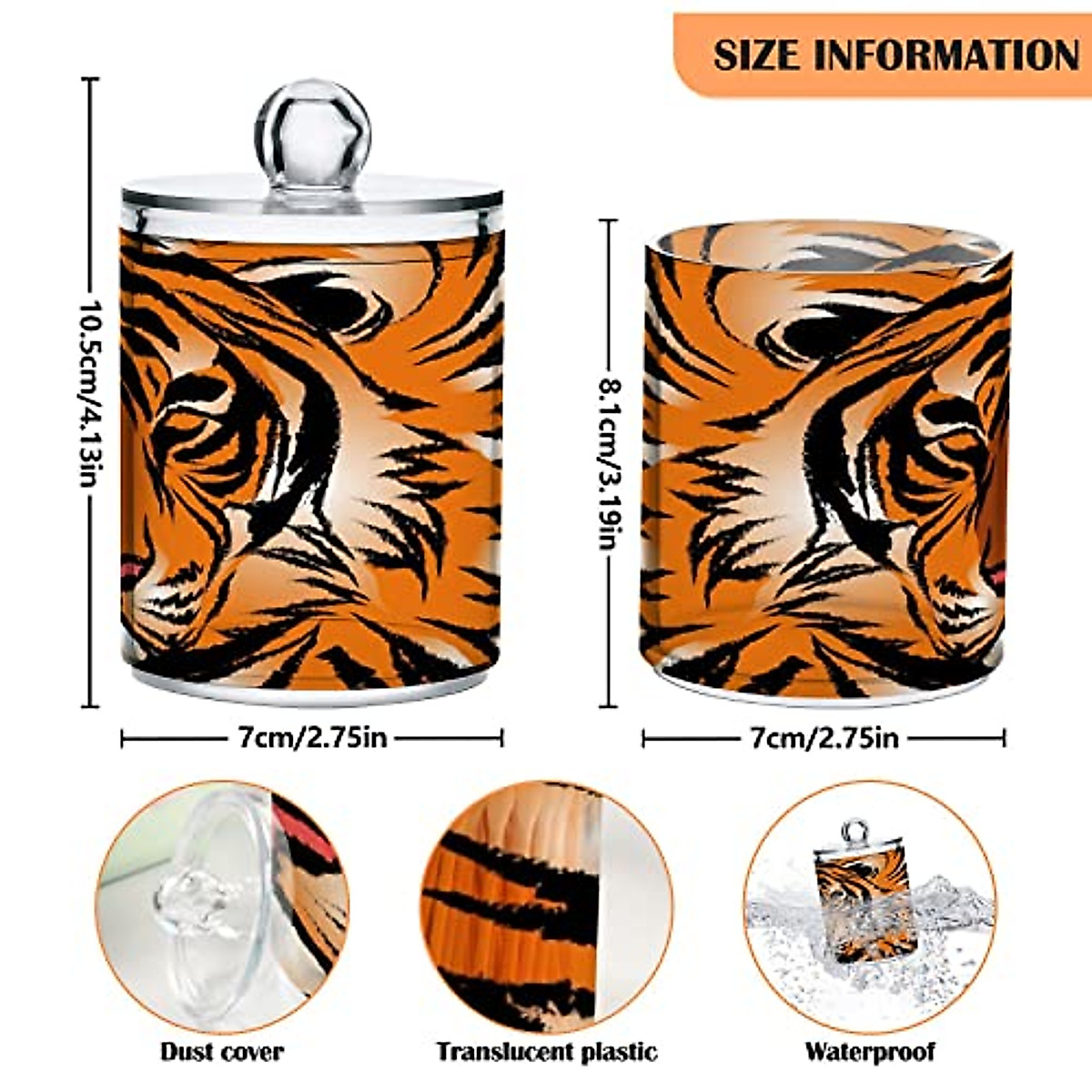 Kigai 2PCS Tiger Pattern Qtip Holder Dispenser with Lids - 14 oz Bathroom Storage Organizer Set, Clear Apothecary Jars Food Storage Containers, for Tea, Coffee, Cotton Ball, Floss