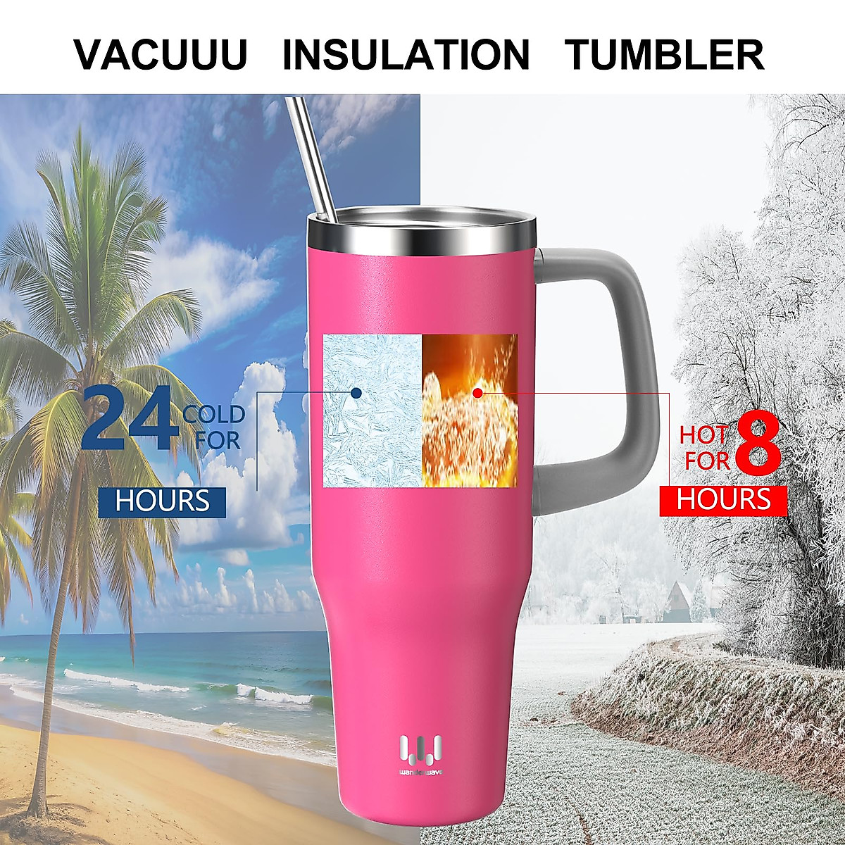 40 oz Insulated Tumbler with Handle, Stainless Steel Straw and silicone sleeves, Leakproof Travel Mug for Water, Iced Tea or Coffee, Insulated Cup Gifts for Women & Men, Strawberry Red
