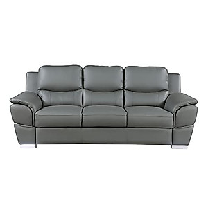 Blackjack Furniture Binion 1 Piece Modern Genuine Leather Sofa for Living Room with Padded Headrest, Wide Arms & Chrome Accents, Elegant Upholstered Couch, Sofa, Gray