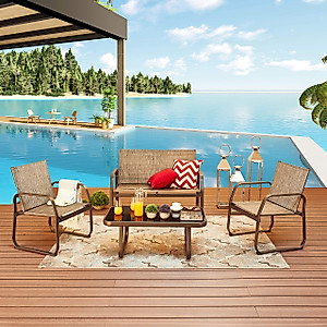 LOKATSE HOME 4 Pieces Patio Furniture Outdoor Bistro Conversation Set with Tempered Glass Coffee Table & Loveseat for Poolside, Porch, Lawn