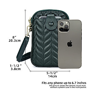 ZZEWINTRAVELER Women's Small Leather Crossbody Cell Phone Bag, Quilted Minimalist Purse Adjustable Strap Shoulder Bag, Dark Green