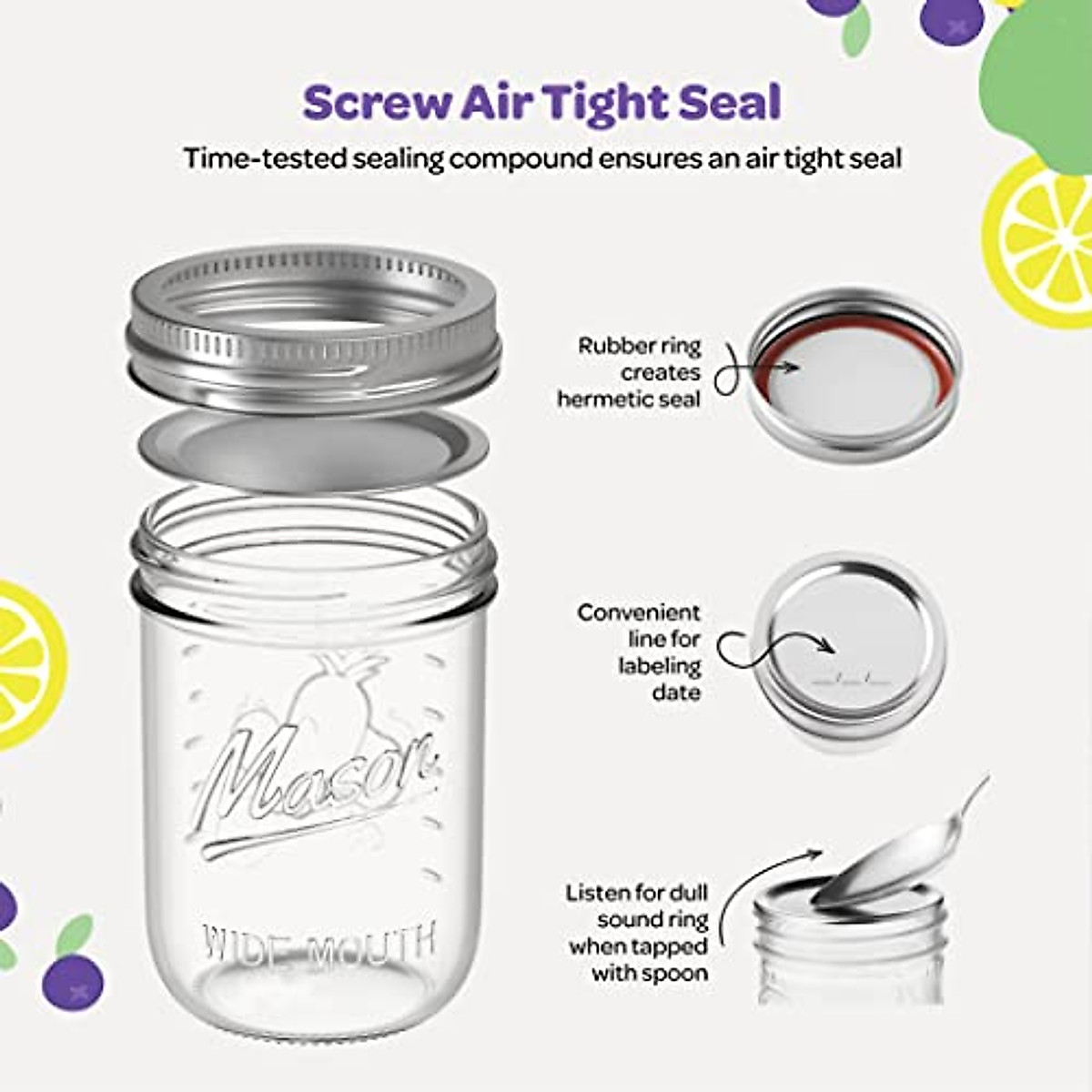 SEWANTA Wide Mouth Mason Jars 16 oz With mason jar lids and Bands, mason jars 16 oz - For Canning, Fermenting, Pickling - Jar Décor - Microwave/Freeze/Dishwasher Safe. (22)