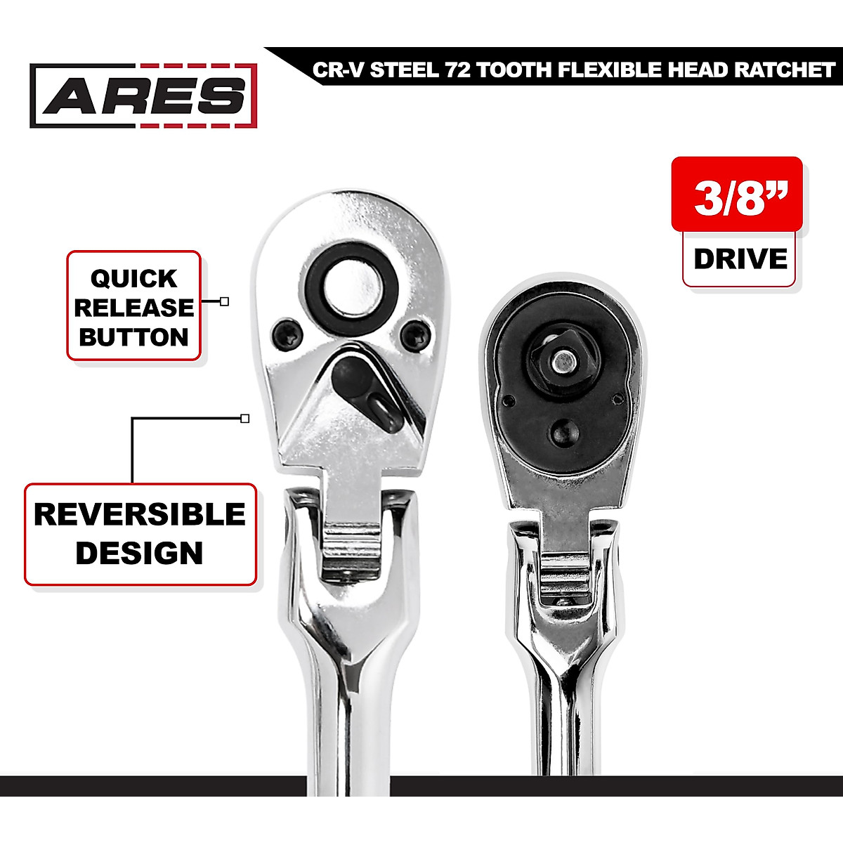 ARES 42026 - Flex Head Ratchet - 3/8-inch Drive 72-Tooth Ratchet - Premium Chrome Vanadium Steel Construction & Chrome Plated Finish - 72-Tooth Quick Release Reversible Design with 5 Degree Swing
