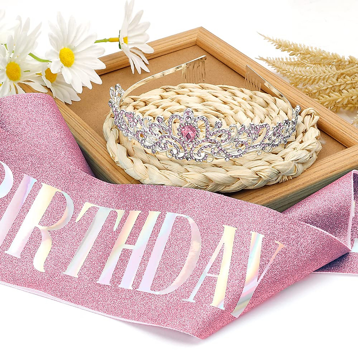 Pink Tiara Sash Gifts for Women's Birthday - Rhinestone Crystal Headband Princess Queen Crown Accessories