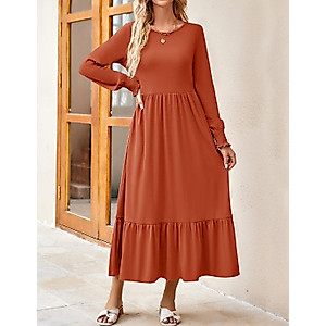 ZESICA Women's 2024 Fall Long Sleeve Dress Crewneck Casual Loose Pleated Tiered Swing Midi Dresses with Pockets,Rust,Medium