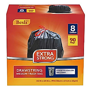 Besli 8 Gallon Black Drawstring Trash Bag Garbage Bag Trash Can Liner,0.9 Mil,90 Counts