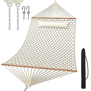 TONAHUTU 13FT Hammocks, Traditional Hand Woven Cotton Rope Hammock with Free Extension Chains for Outdoor Indoor Patio Yard 450 LSB Capacity for Two Person (Natural)